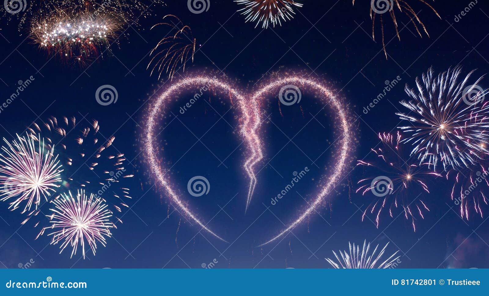 Night Sky with Fireworks Shaped As a Broken Heart.series Stock ...