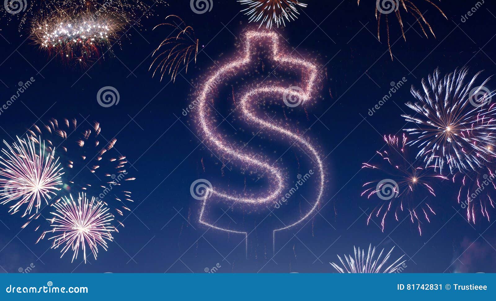 Night Sky with Fireworks Shaped As a Dollar Symbol.series Stock ...
