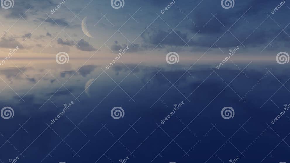 Night Sky with Half Moon Over Mirror Surface Stock Photo - Image of ...