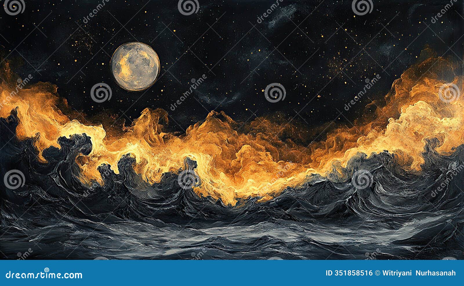 Night Sky with a Large Moon, Fiery Clouds and Dark Ocean Waves Stock ...