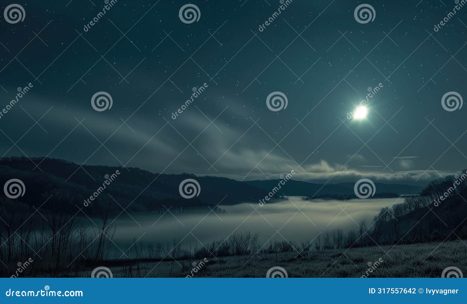 Night Sky with Low-lying Fog and a Sliver of Moonlight Stock Photo ...