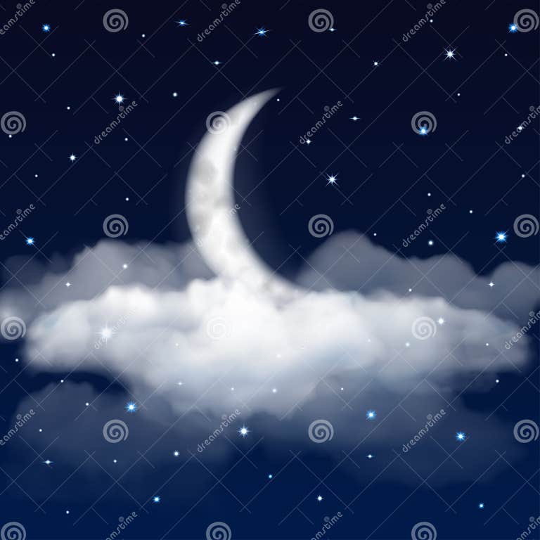 Night Sky with Moon, Stars and Clouds Stock Vector - Illustration of ...