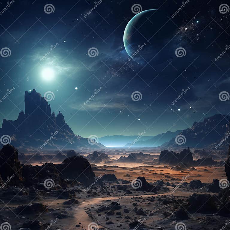 Night Sky Over Desolate Planet with Moon Stock Illustration ...