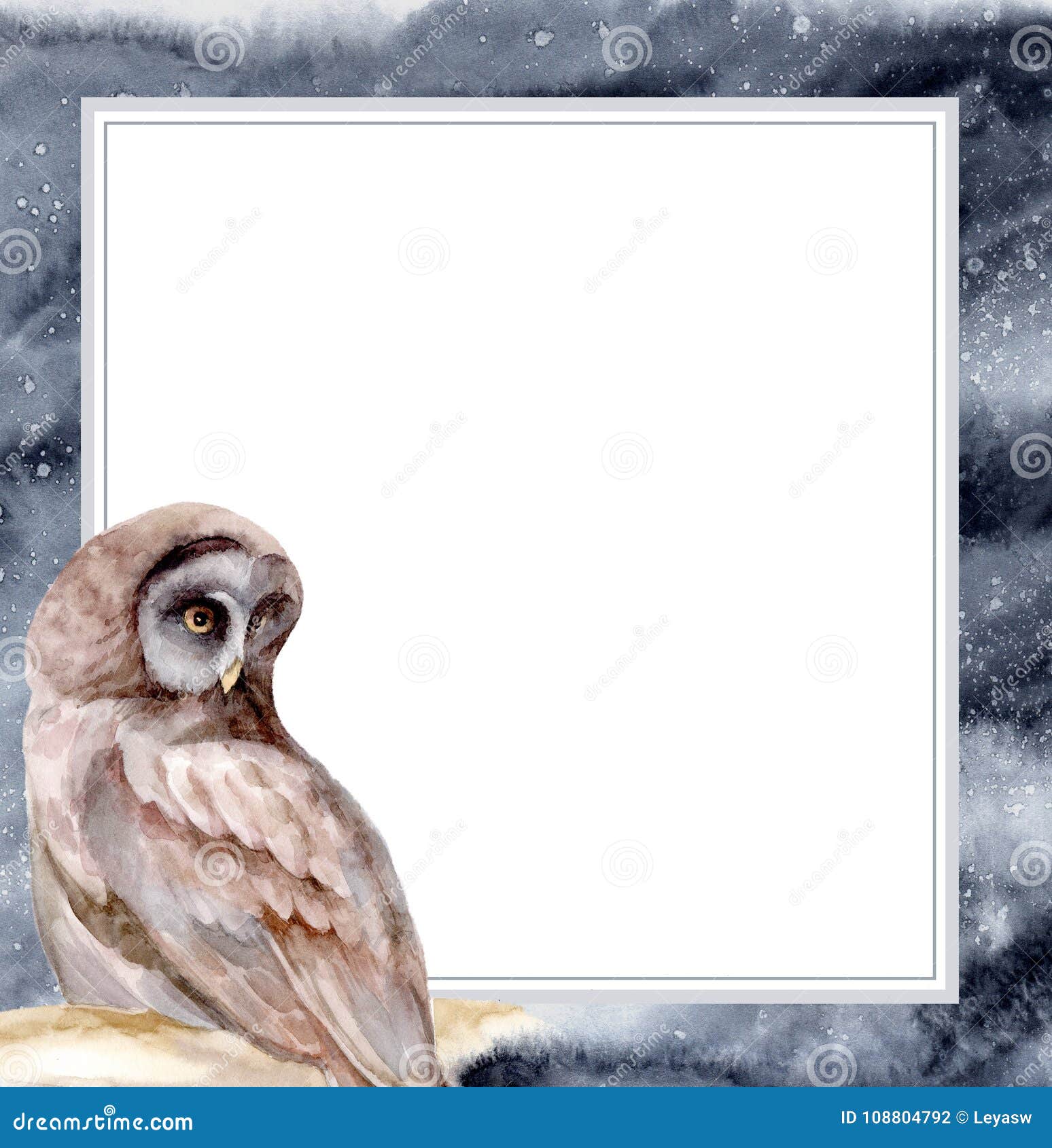 Square Watercolor Frame. Night Sky With An Owl On A Branch. Forest ...