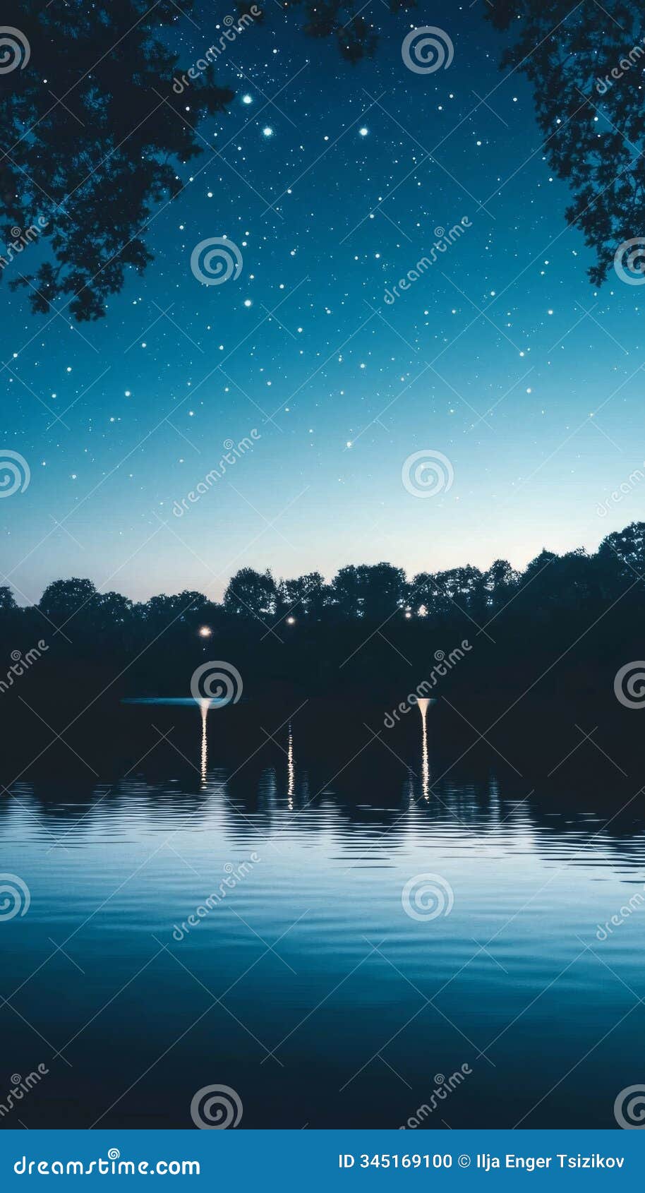 Night Sky Reflected in Tranquil Lake, with Stars Shining Above the Tree ...