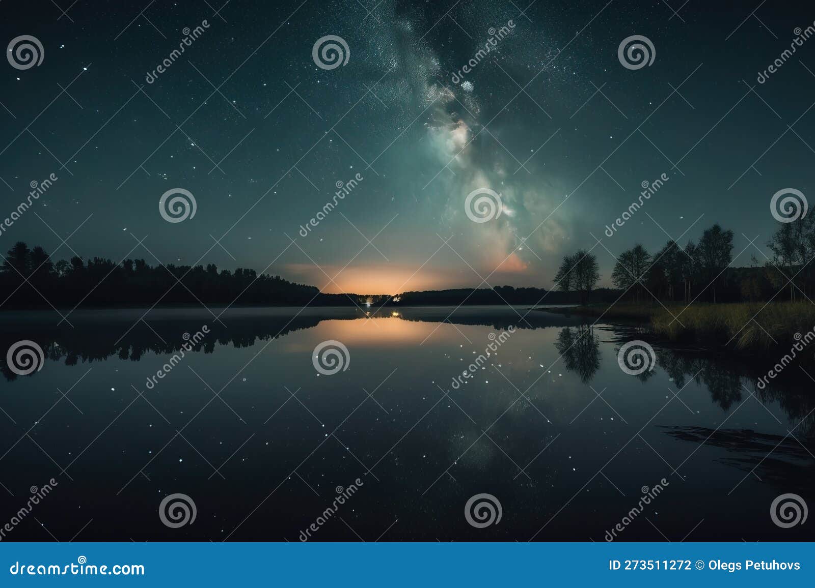 The Night Sky is Reflected in the Water of a Lake Stock Illustration ...