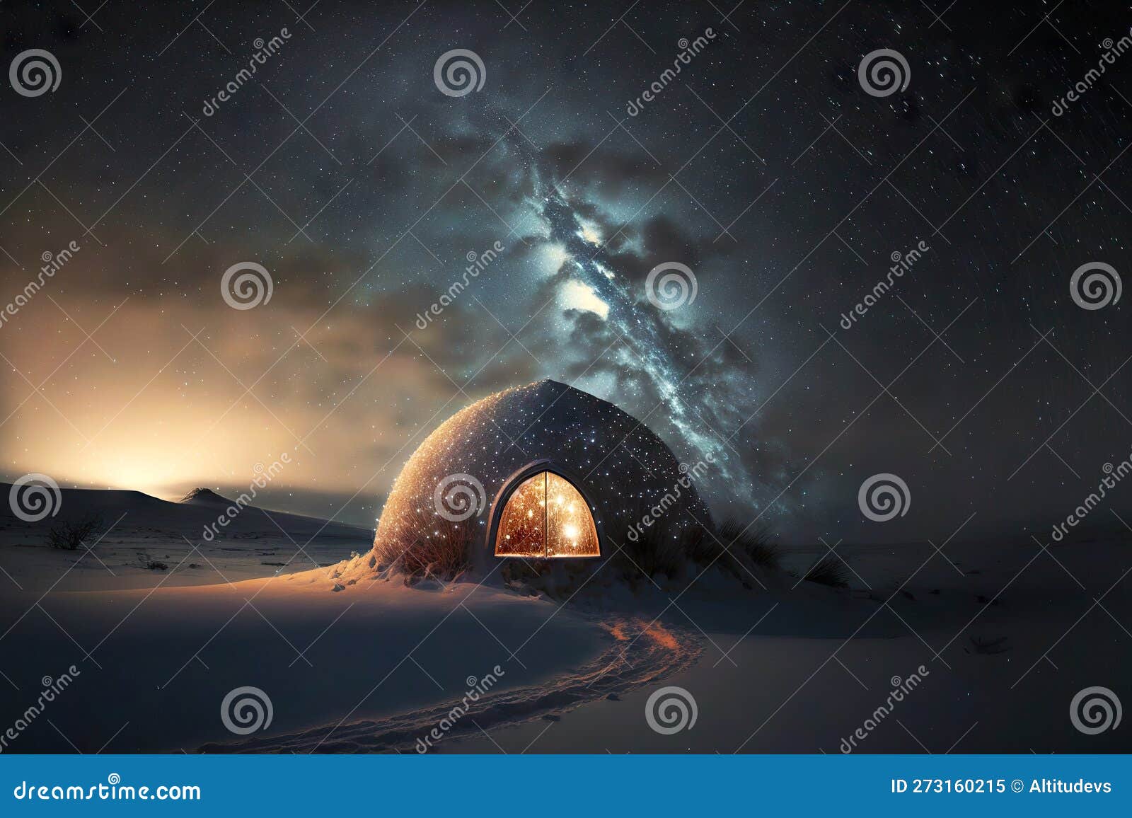 Night Sky and Semicircular Snow Igloo with Small Entrance Stock ...