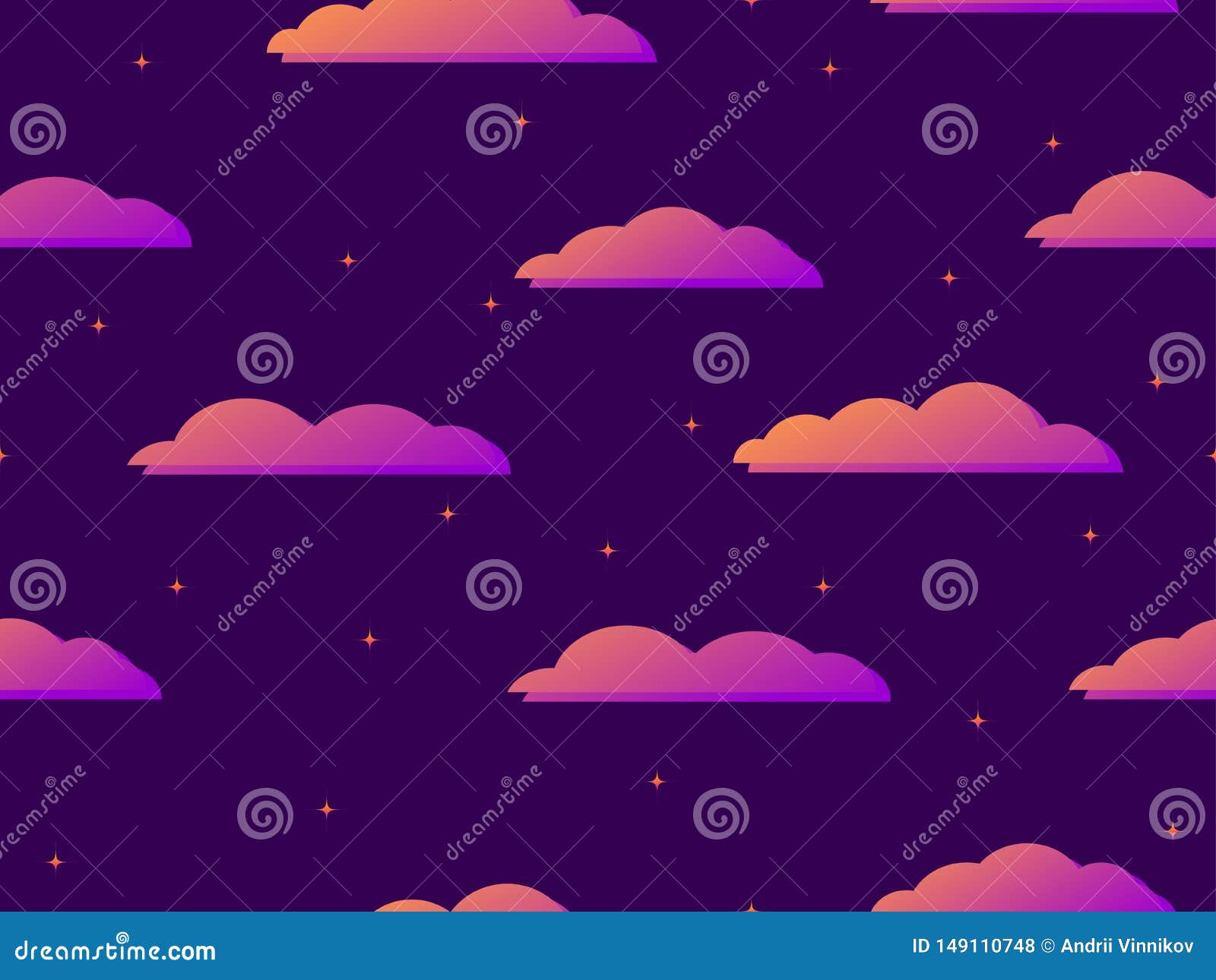 Night Sky with Stars and Clouds Seamless Pattern. Purple Gradient Stock ...