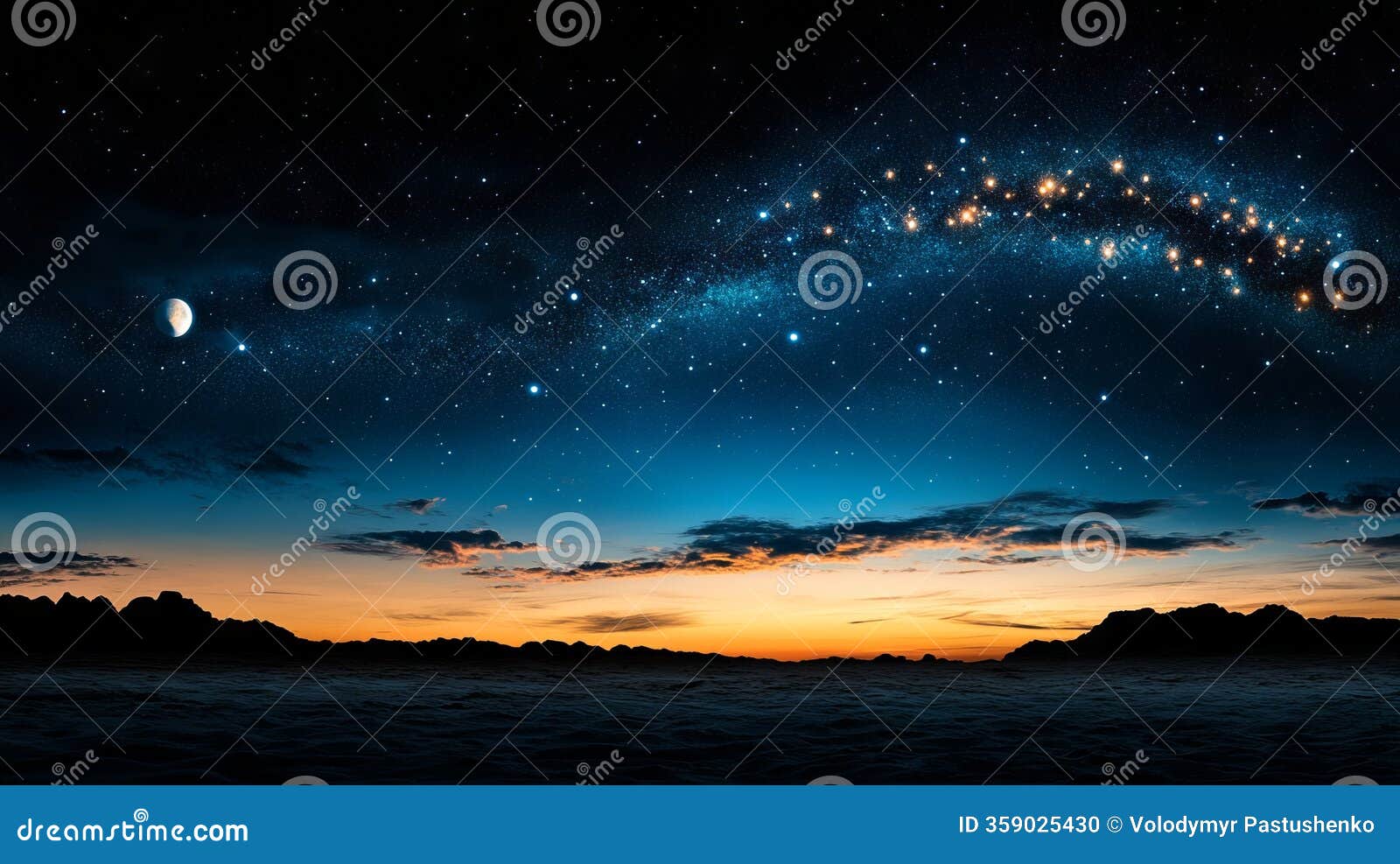 A Night Sky with Stars and a Moon in the Distance Stock Photo - Image ...