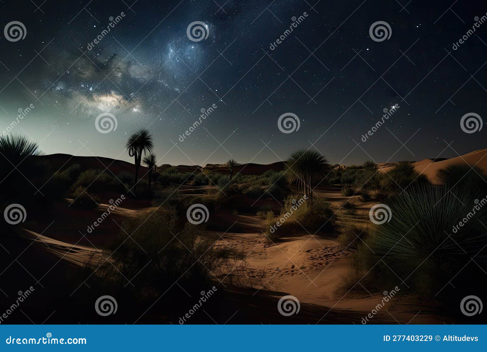 Night Sky with Stars and Moon, Shining Down Over Oasis in Desert Stock ...