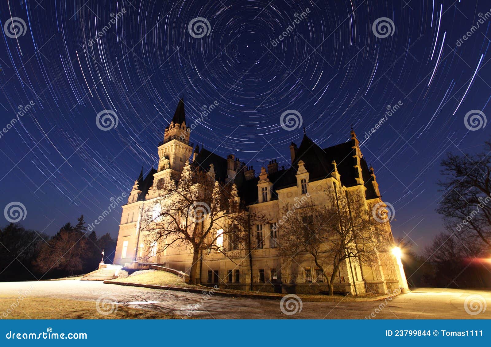Night Sky with Stars Trail and Ancient Castle Stock Photo - Image of ...