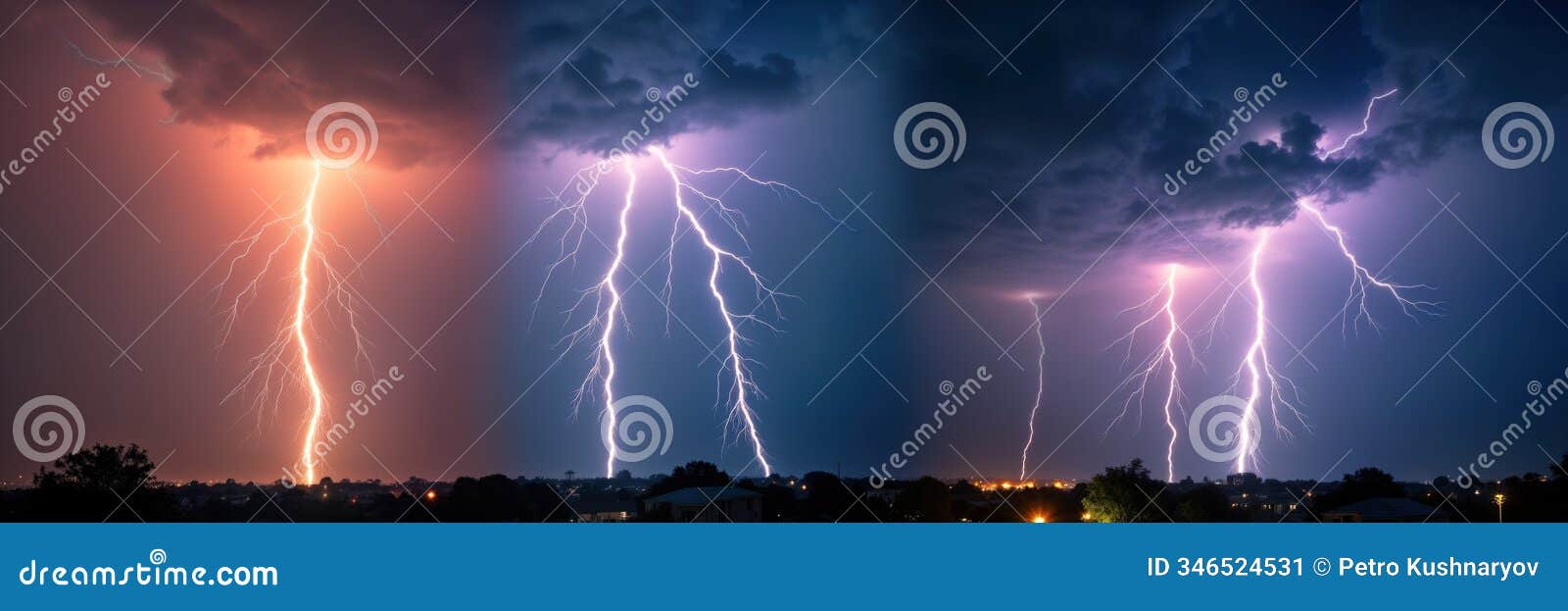 Night Sky Thunderstorm Collage. Dramatic Lightning Flashes Illuminate ...