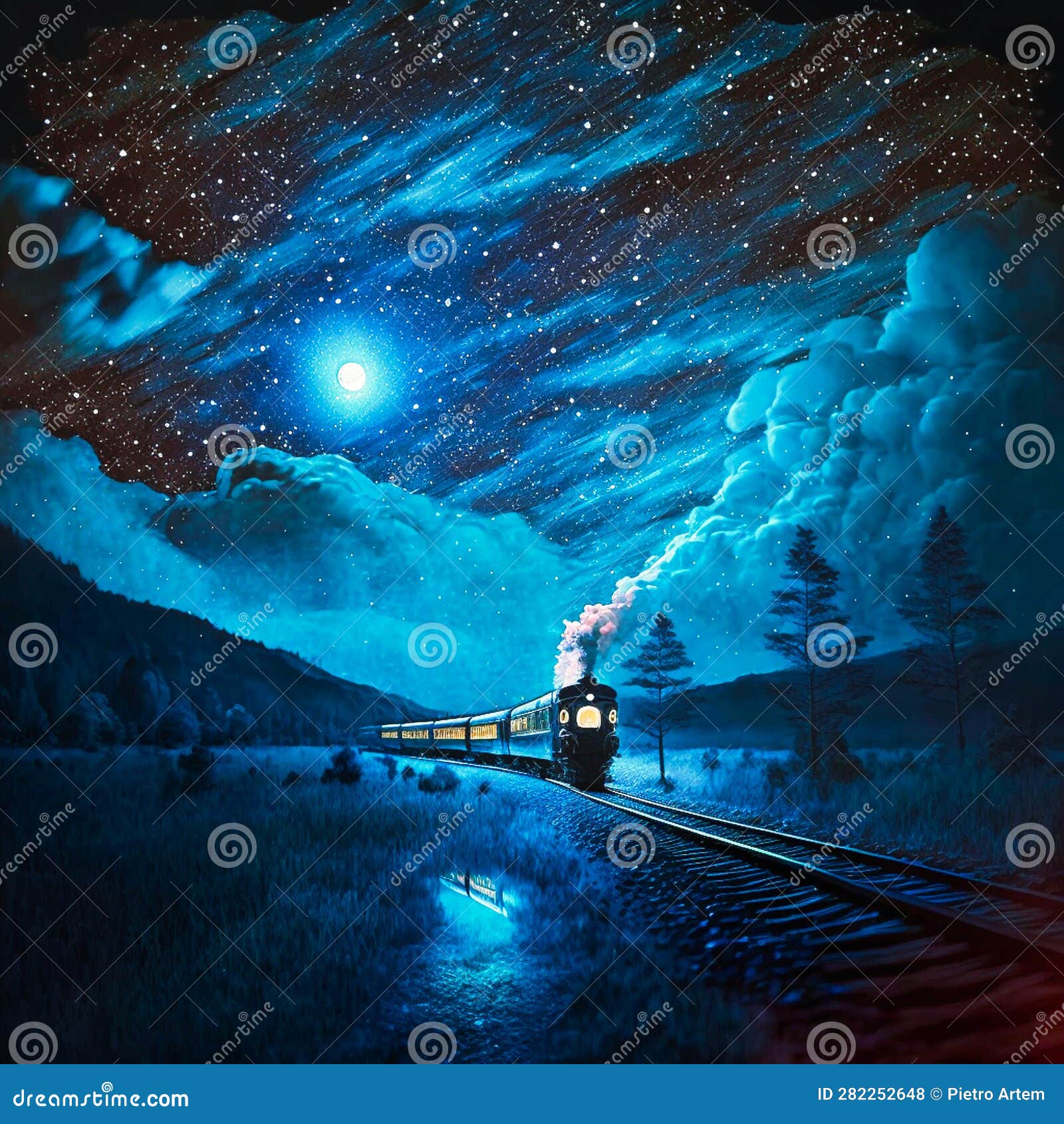 Night Sky a Train Flying in the Sky a Magical Scen, Generative AI Stock ...