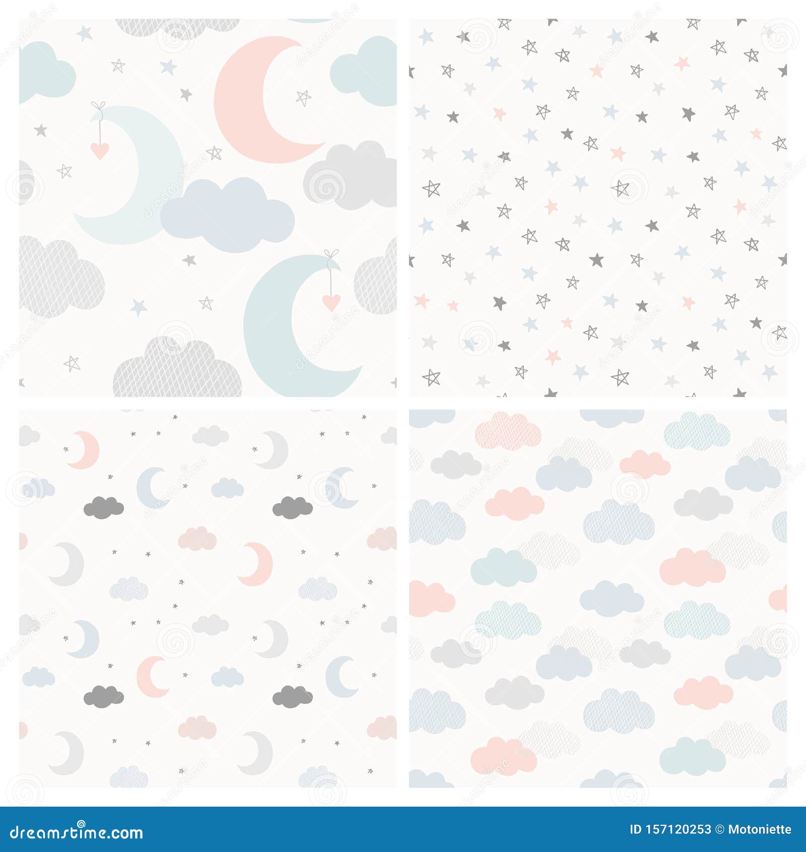 Night Sky Vector Pattern Set with Hand Drawn Stars, Clouds and Moon ...