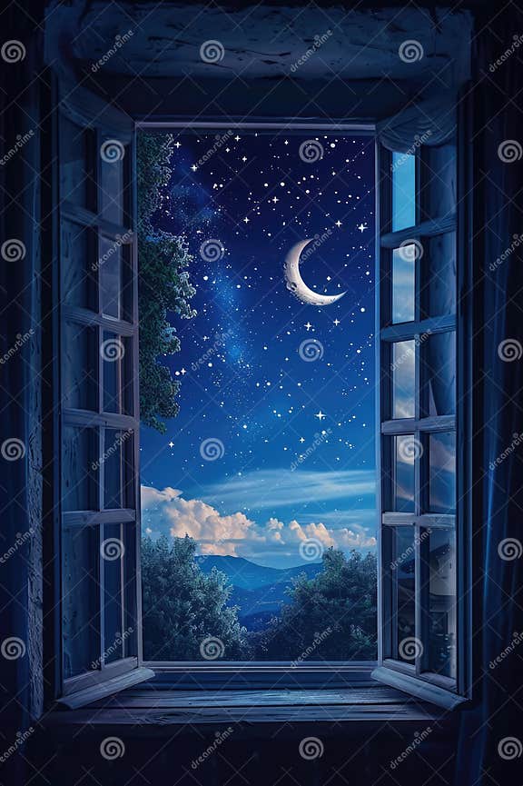 Night Sky View through an Open Window. Perfect for Background Use Stock ...