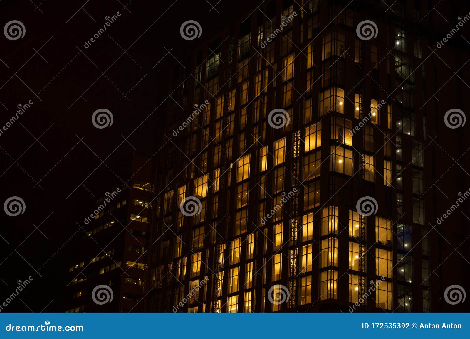 Night Skyscraper Close Up, Glowing Window. Night Work Stock Photo ...