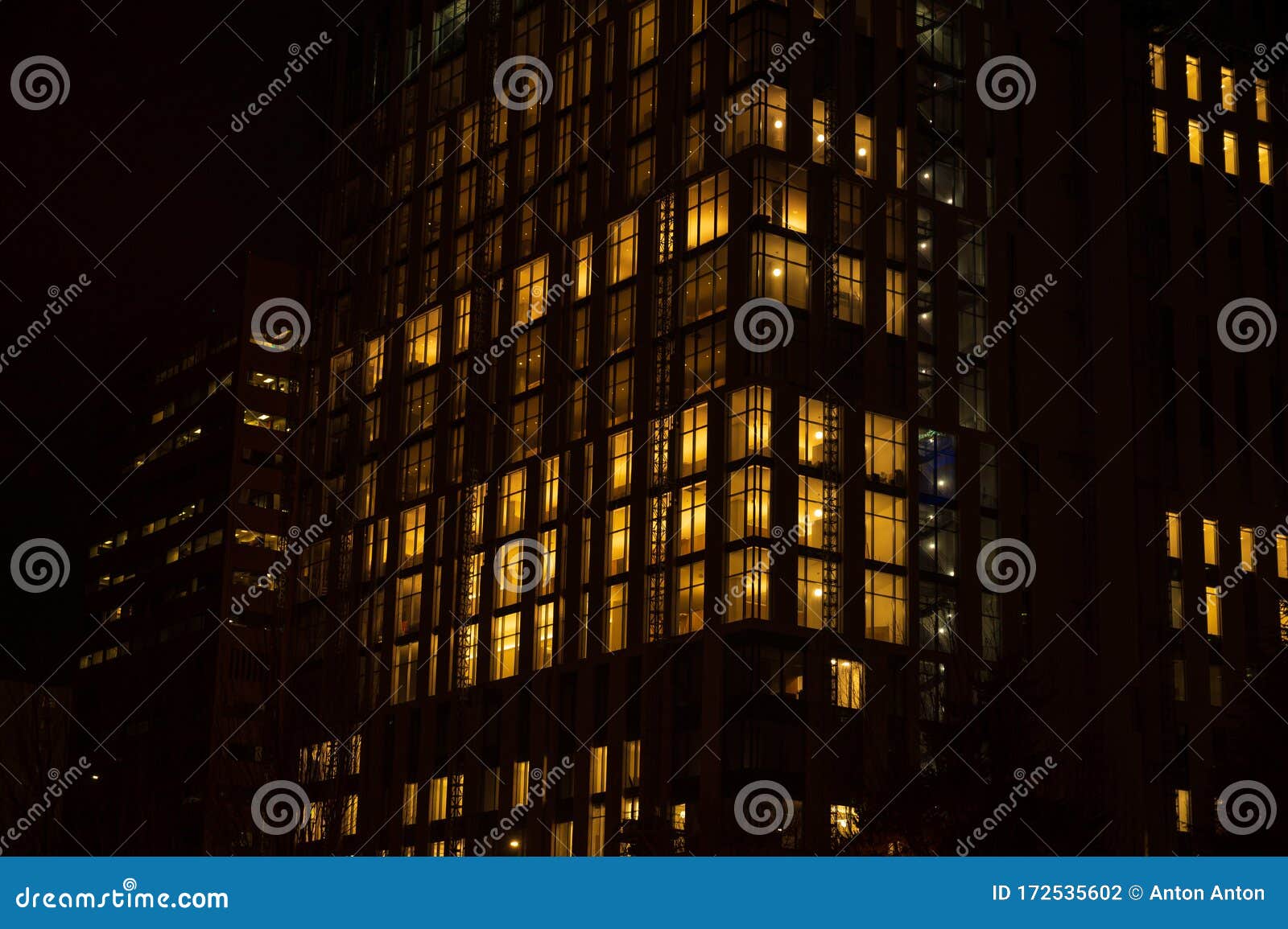 Night Skyscraper Closeup, Glowing Window. Night Work Stock Photo ...