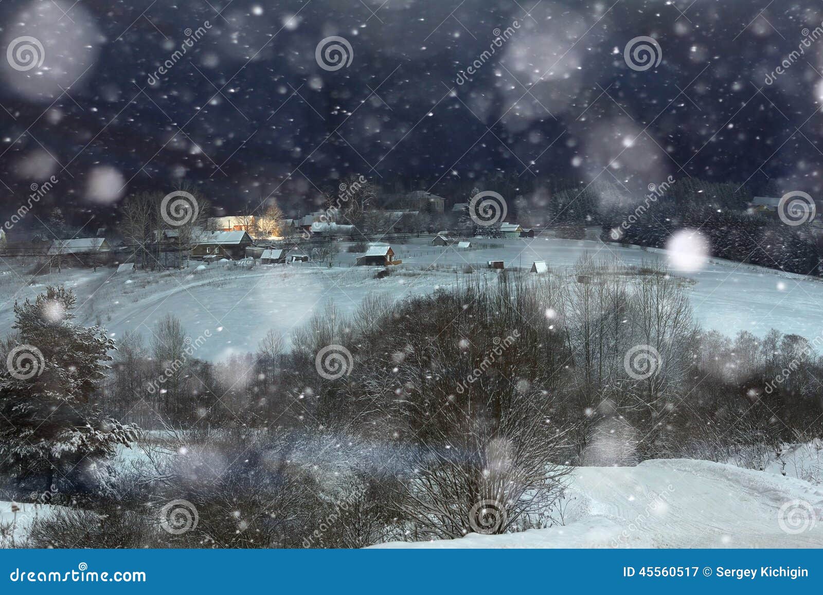 Night Snow Village Christmas Stock Image - Image of lights, scene: 45560517