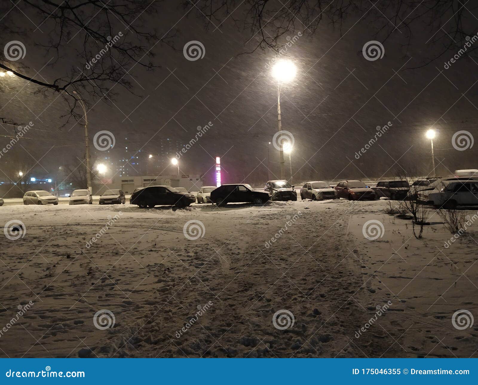 Night snowfall in Russia stock image. Image of russia - 175046355