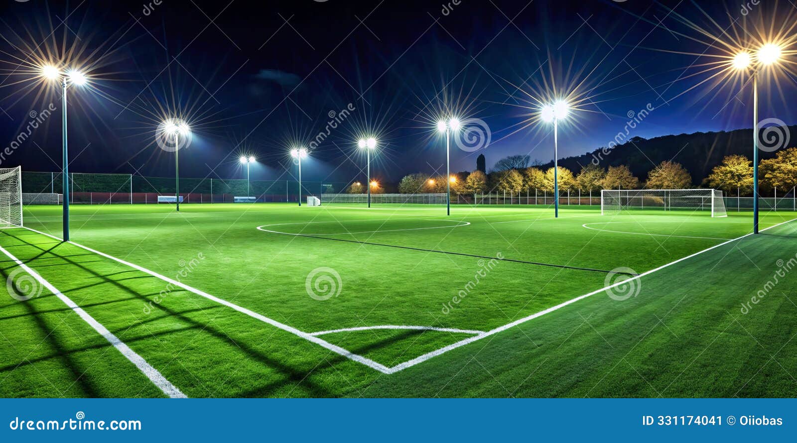 Night Soccer Field with Floodlights and Goalpost Stock Illustration ...