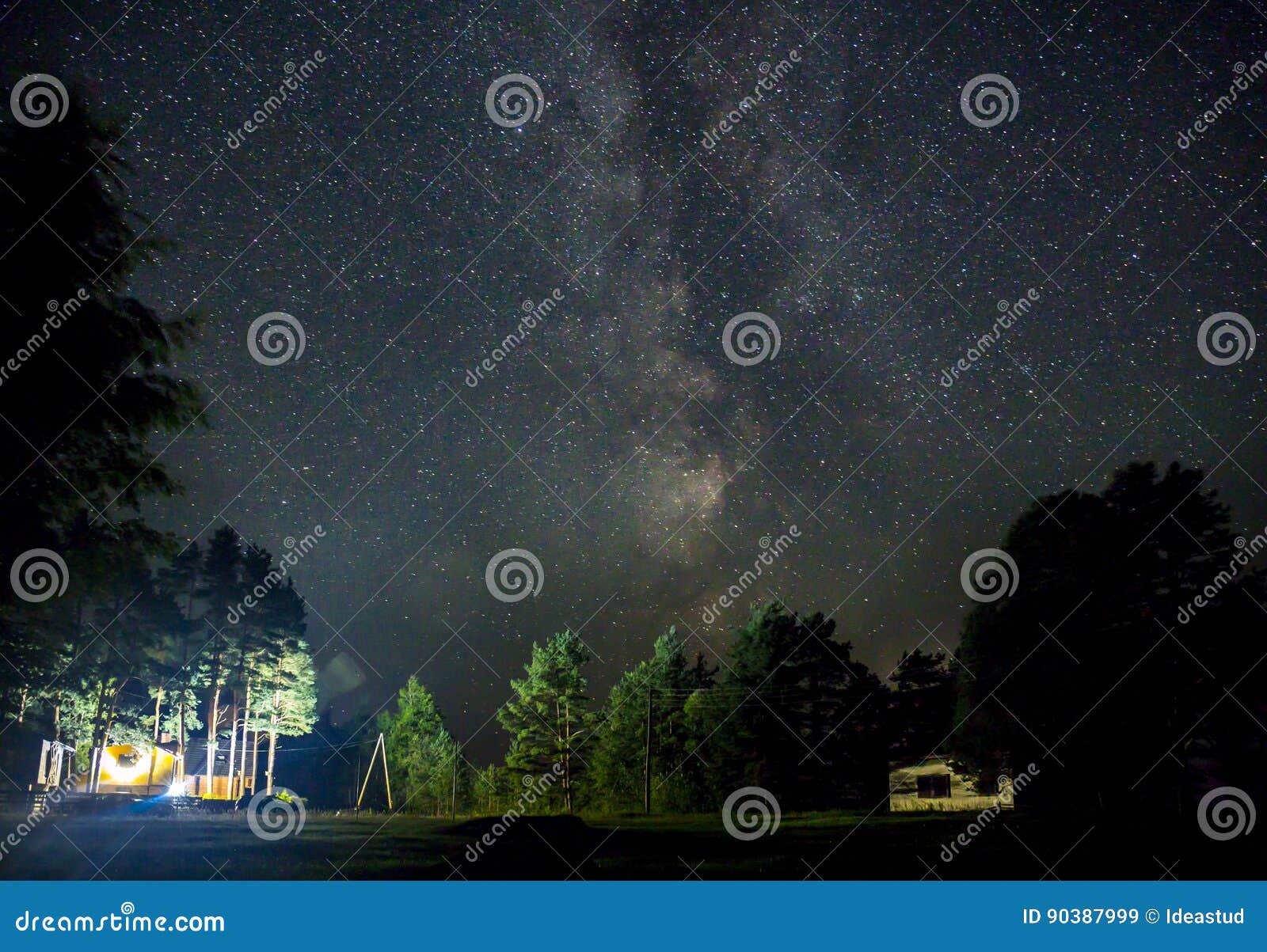 Night Starry Sky Scene with Illuminated Cottage Stock Image - Image of ...