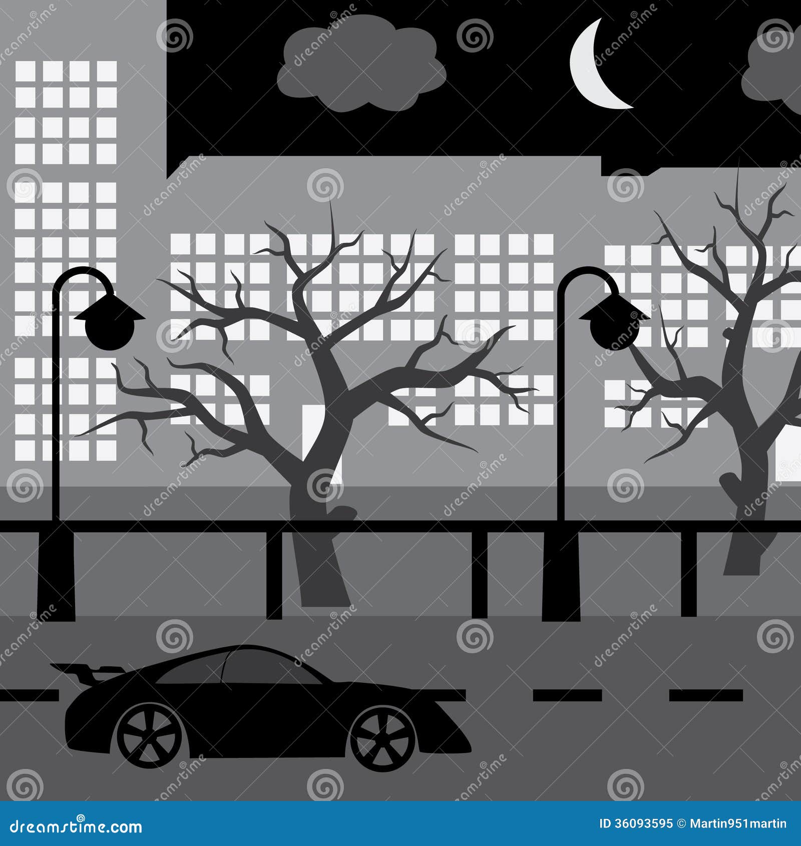 Night Street with Car, Tree and Buildings Eps10 Stock Vector ...