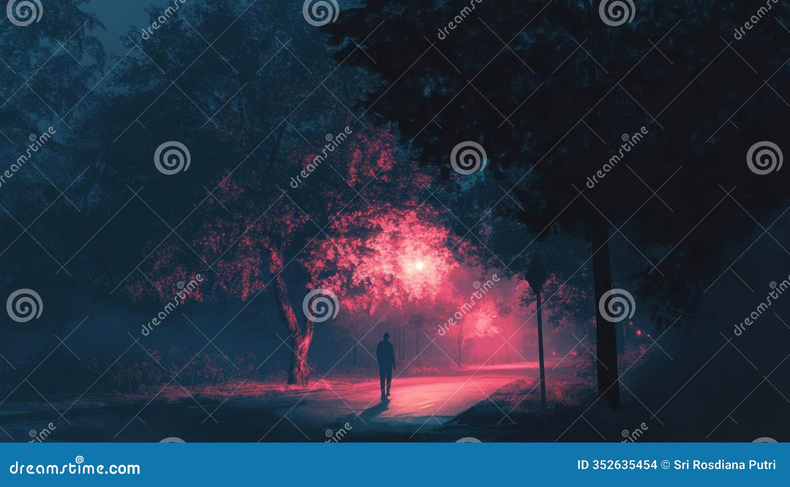 Night Stroll, Pink Mist, Silhouette, Trees Stock Illustration ...