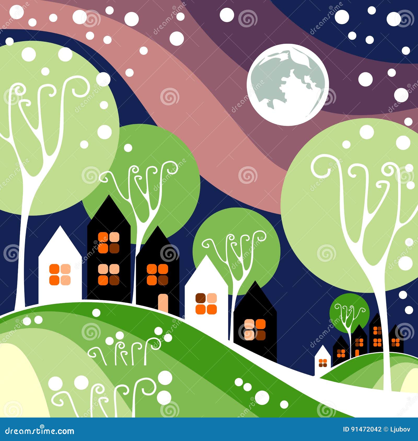 Night Summer Town with Purple Sky. Vector Illustration Stock Vector ...