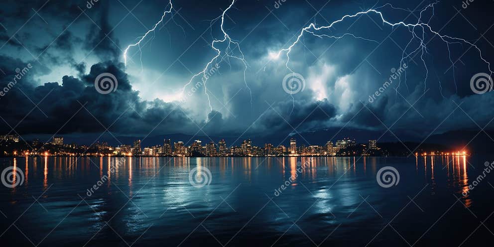 Night Thunderstorm Over the Lake, Lightning with Dramatic Clouds. Generative AI Stock Photo ...