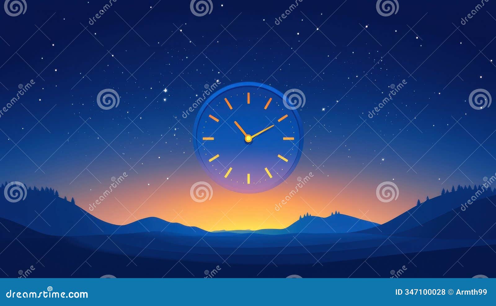 Night Time Background with Clock and Mountains. Daylight Saving ...
