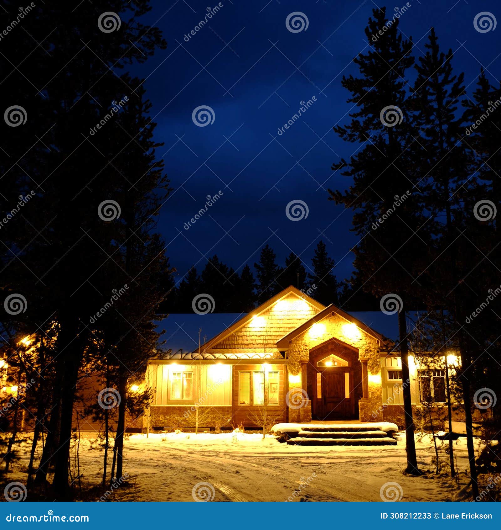 Night Time Cabin in the Woods Wilderness Lights Glowing Warmth Stock ...