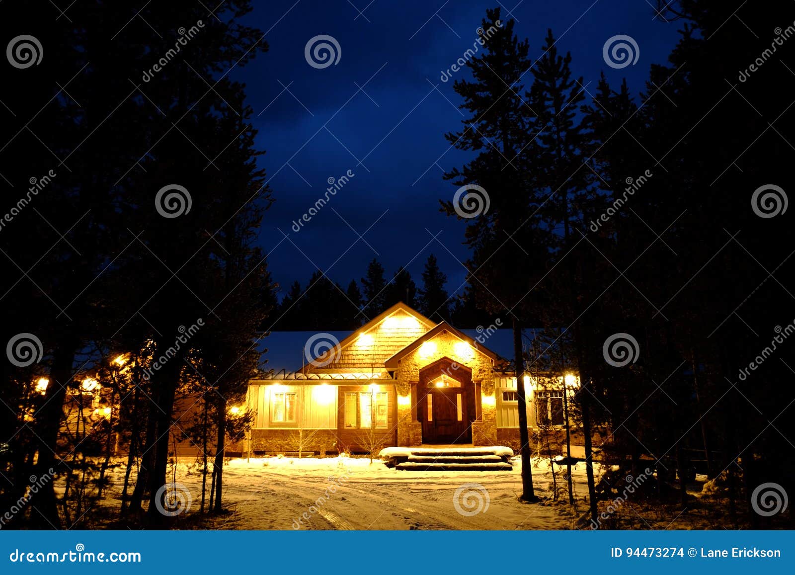Night Time Cabin in the Woods Wilderness Lights Glowing Warmth Stock ...