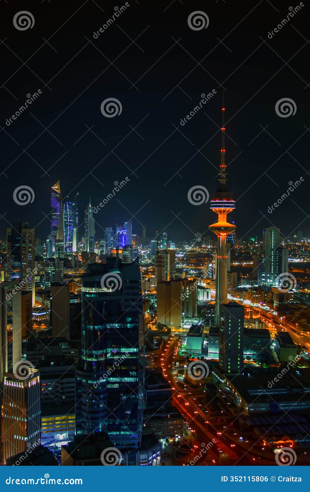 Night Time in the Kuwait City - Illuminated Kuwait City Skyline at ...