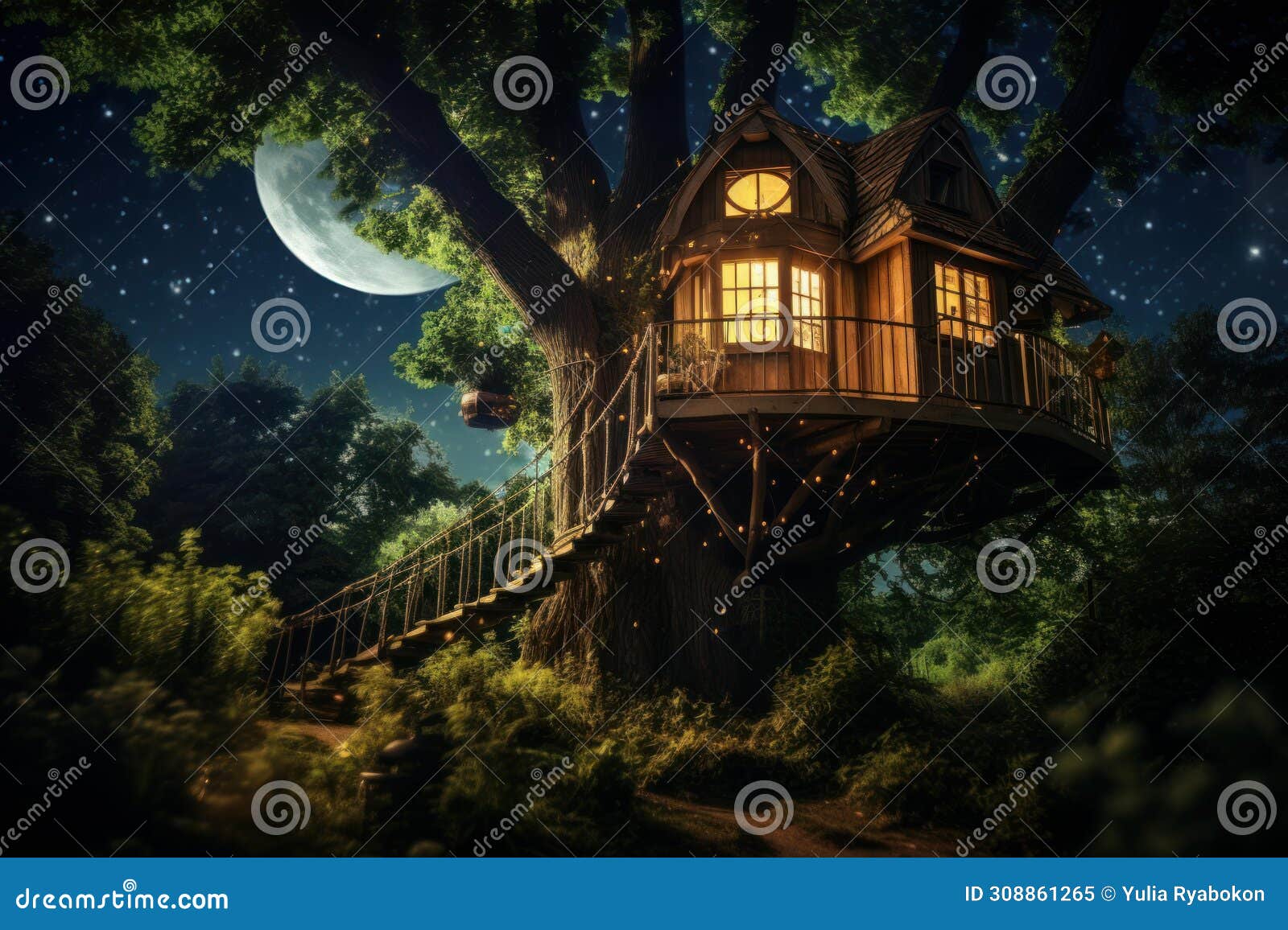 Night Tree House. Fantasy Forest Stock Image - Image of fairy ...