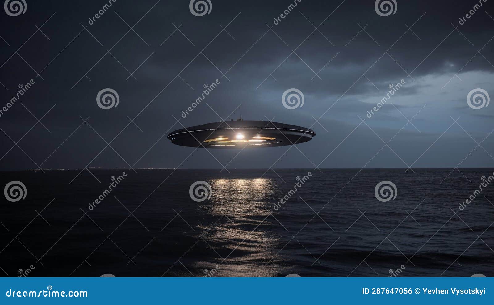 At Night a UFO Flies Over the Ocean in the Shape of a _001 Stock ...
