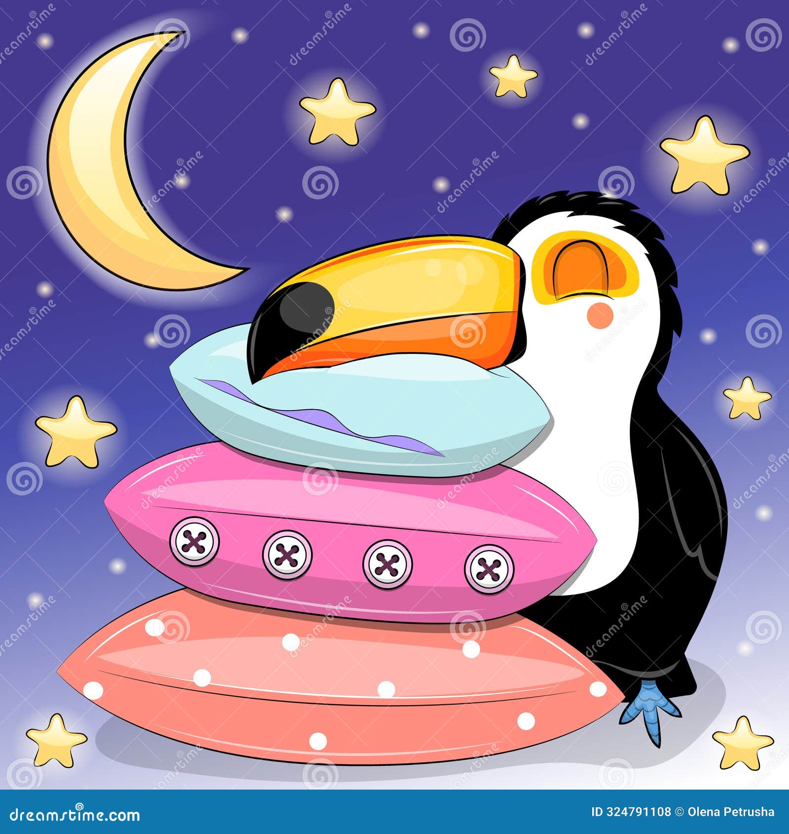 Cute Cartoon Toucan is Sleeping on the Pillows. Stock Illustration ...