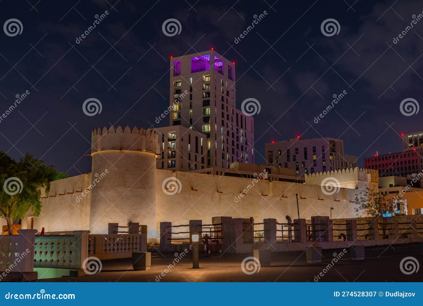 Night View of Al Koot Fort at Doha, Qatar Stock Image - Image of waqif ...