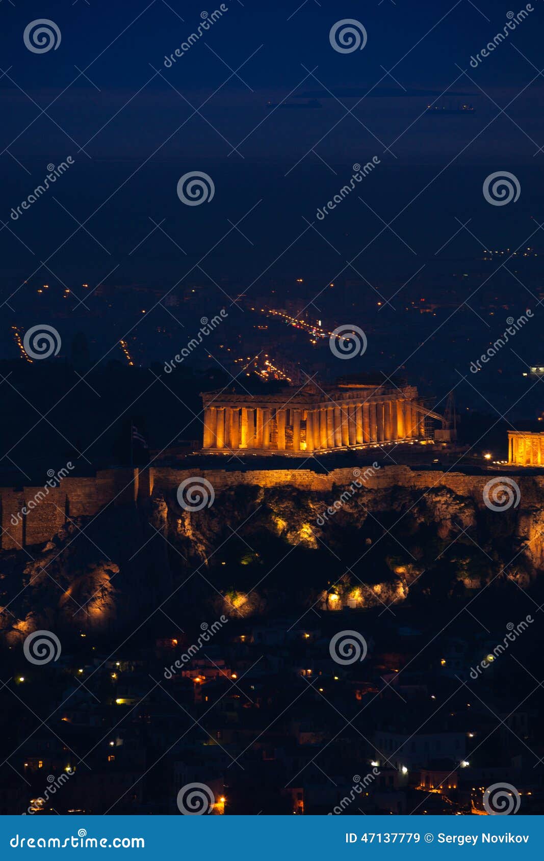 Night View of Athens with Parthenon Temple, Greece Stock Image - Image ...