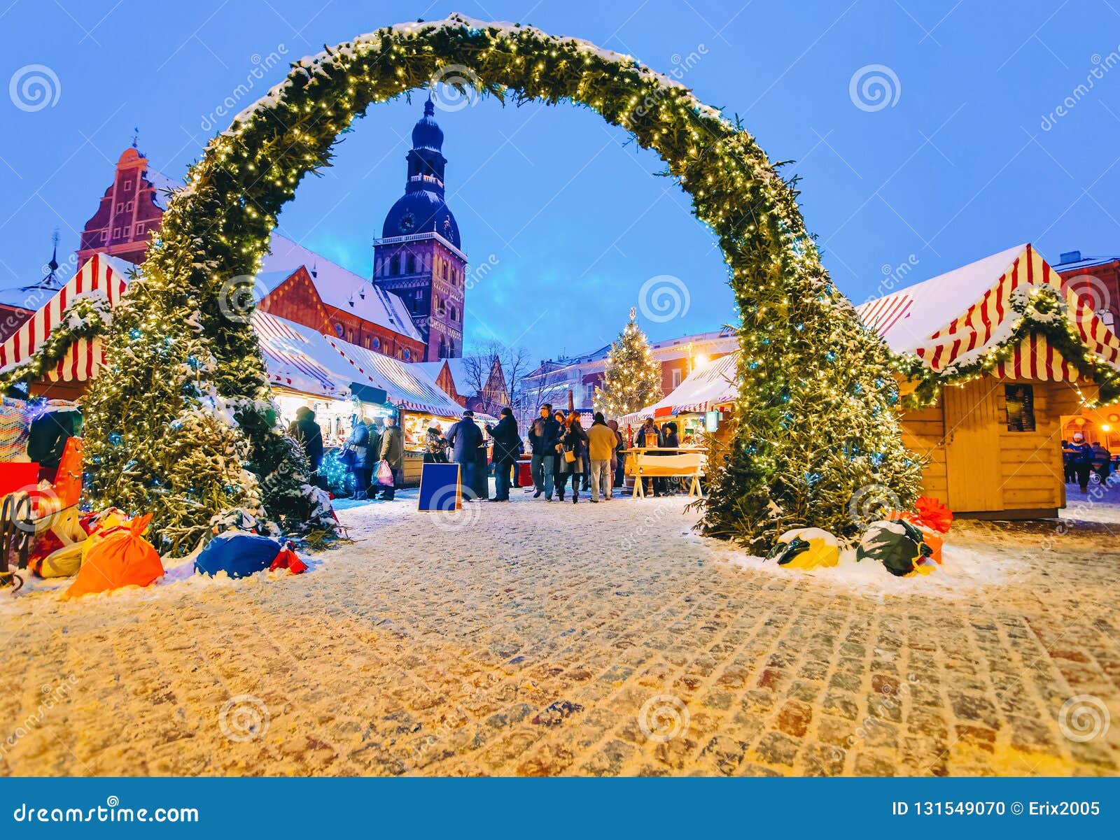 Night View of a Beautiful Entrance To the Christmas Market in Winter ... Night View of a Beautiful Entrance To the Christmas Market in Winter ...