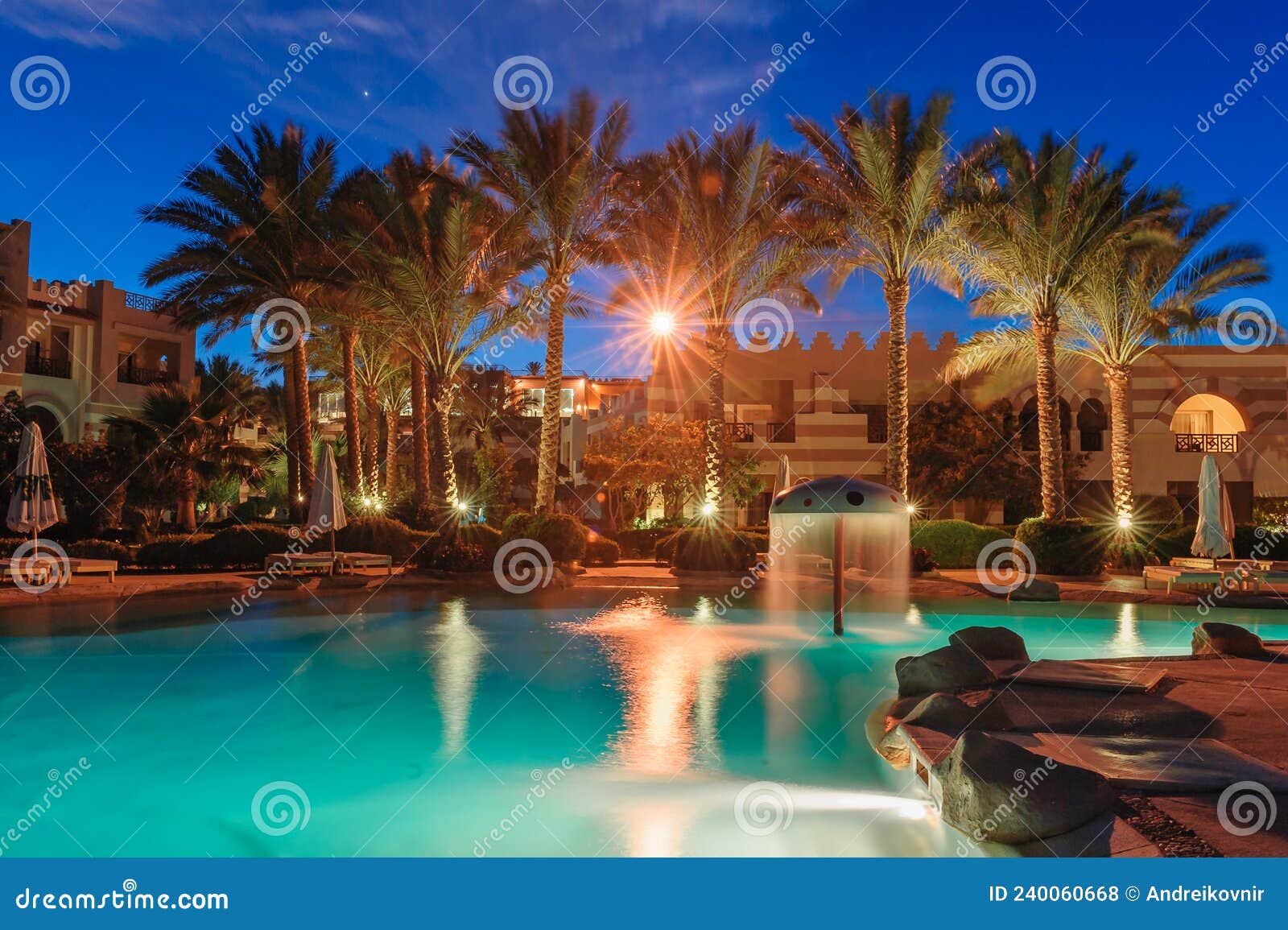 Night View of Beautiful Swimming Pool and Palm Trees in Egypt Stock ...