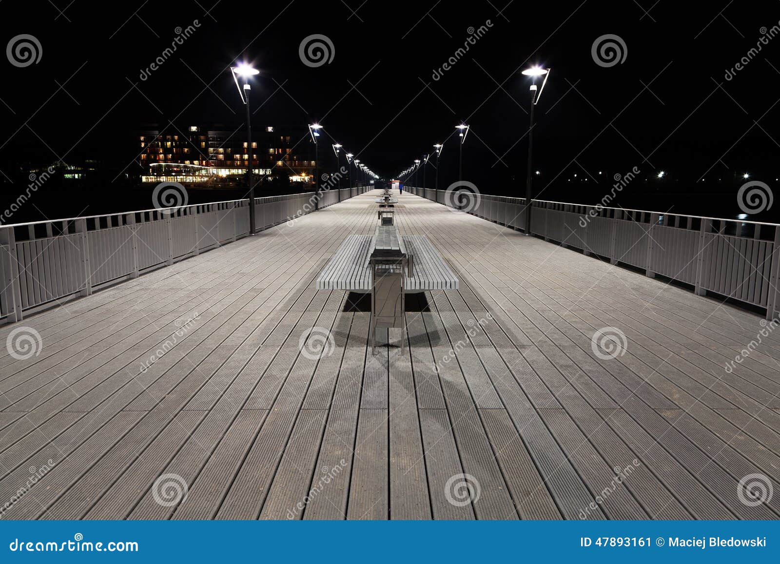 Night View of a Boardwalk, Bench and Lamp Posts Stock Image - Image of ...