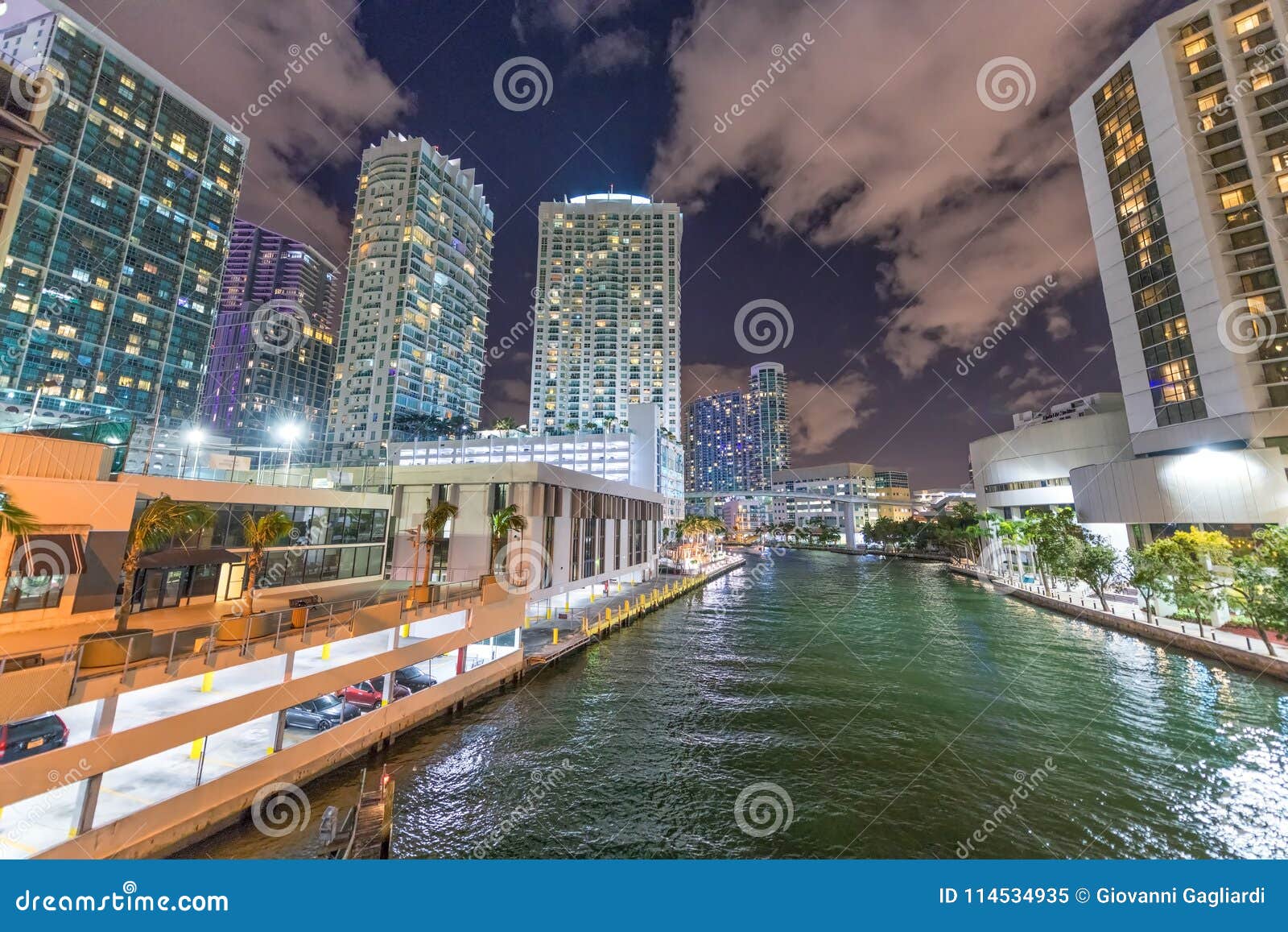 Night View of Brickell Key Buildings, Miami Stock Image - Image of ...