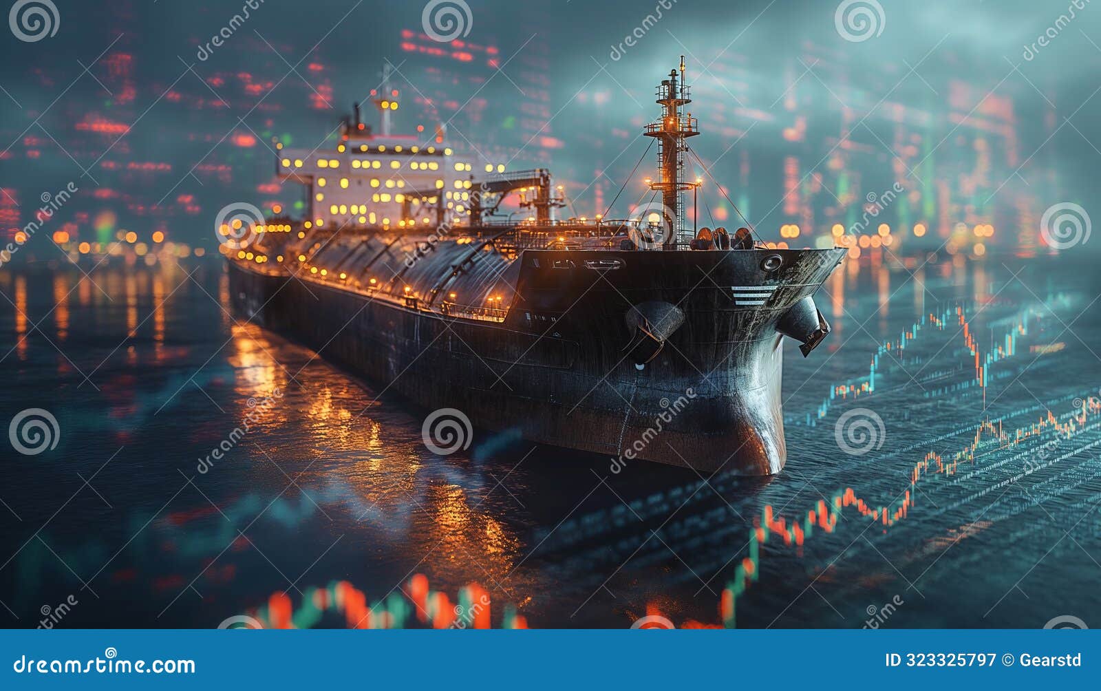 Night View of a Cargo Ship and Stock Graphs Stock Image - Image of ...