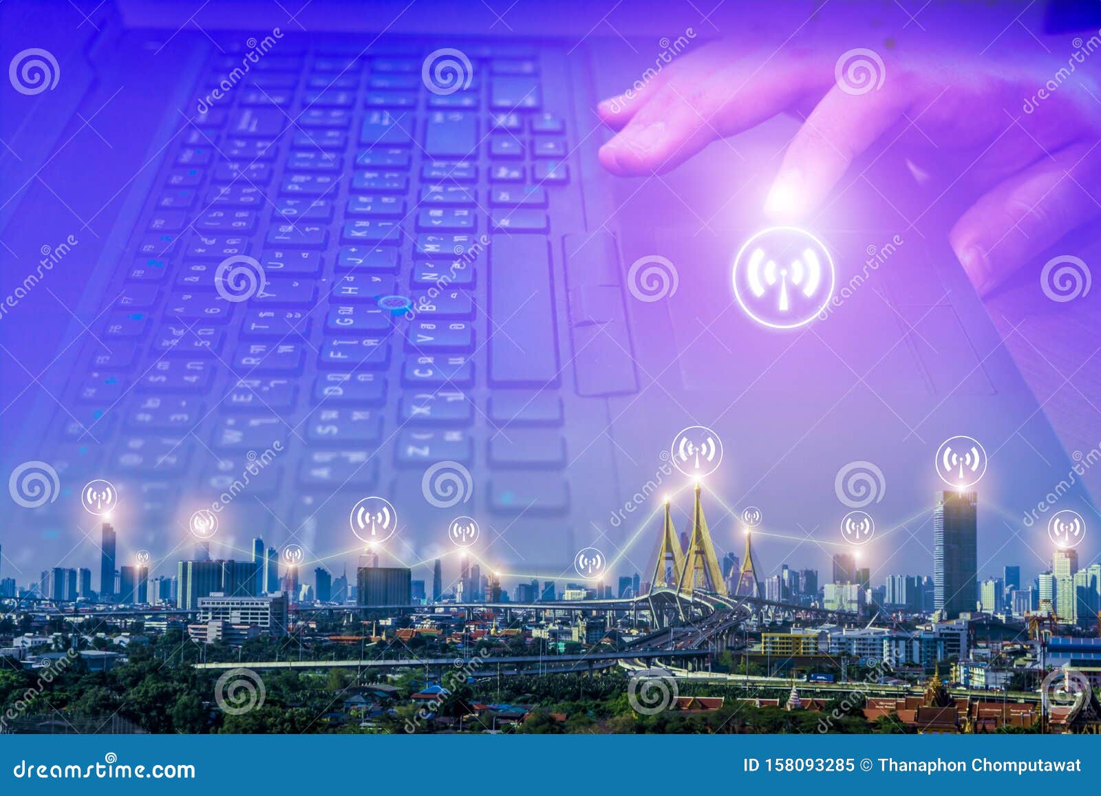 Night View of the City and Connection Stock Image - Image of creative ...