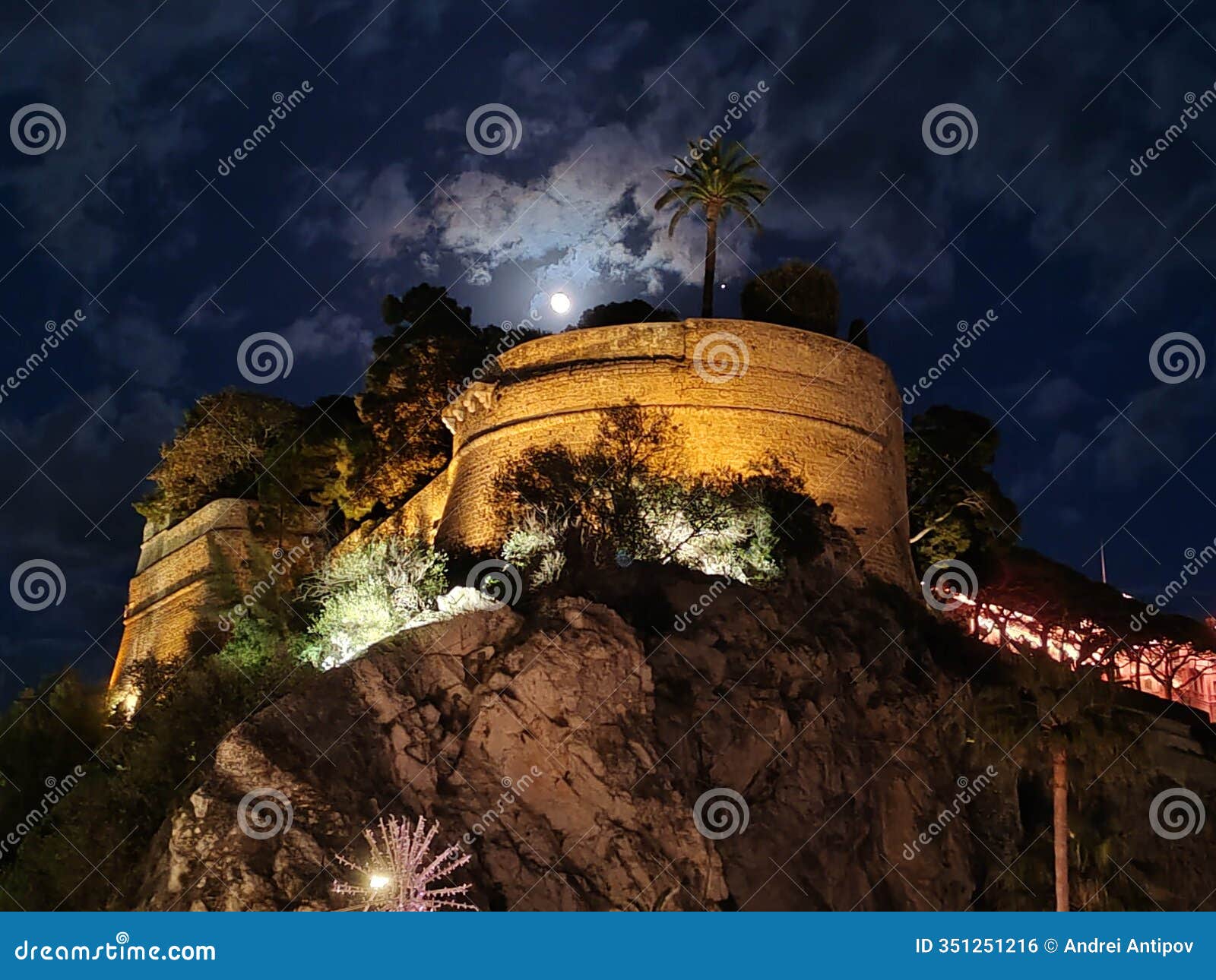 Night View of a Cliff in Monaco with a Castle on Top Stock Photo ...
