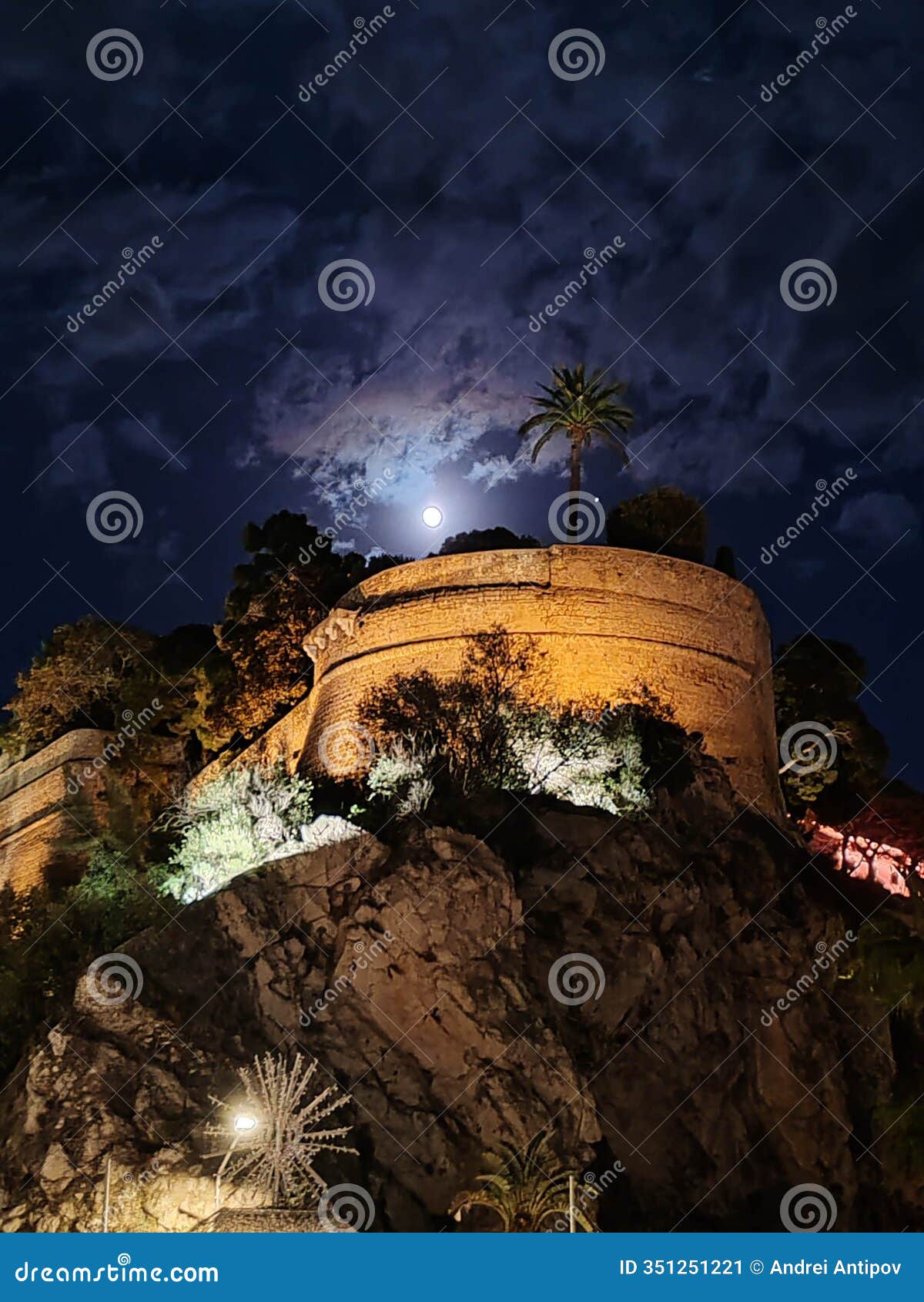 Night View of a Cliff in Monaco with a Castle on Top Stock Image ...