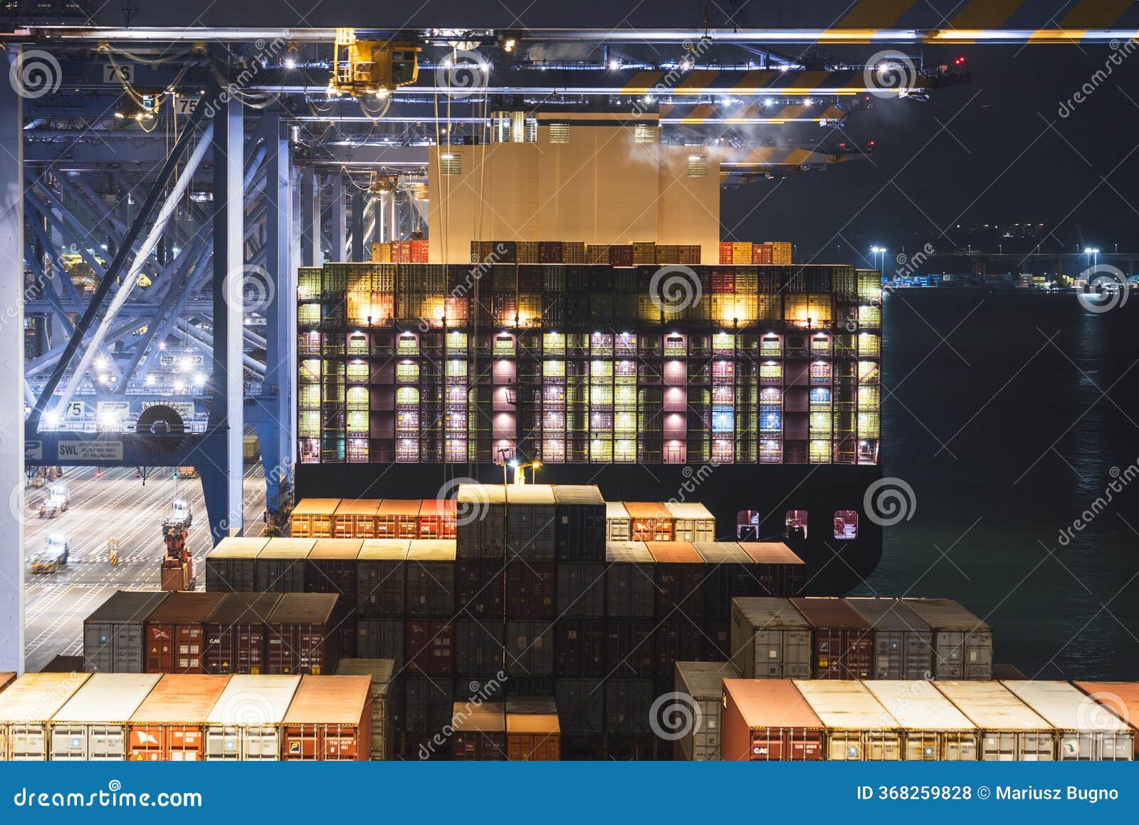 Busan, South Korea - Night View On The Cargo Containers Loaded On Deck ...