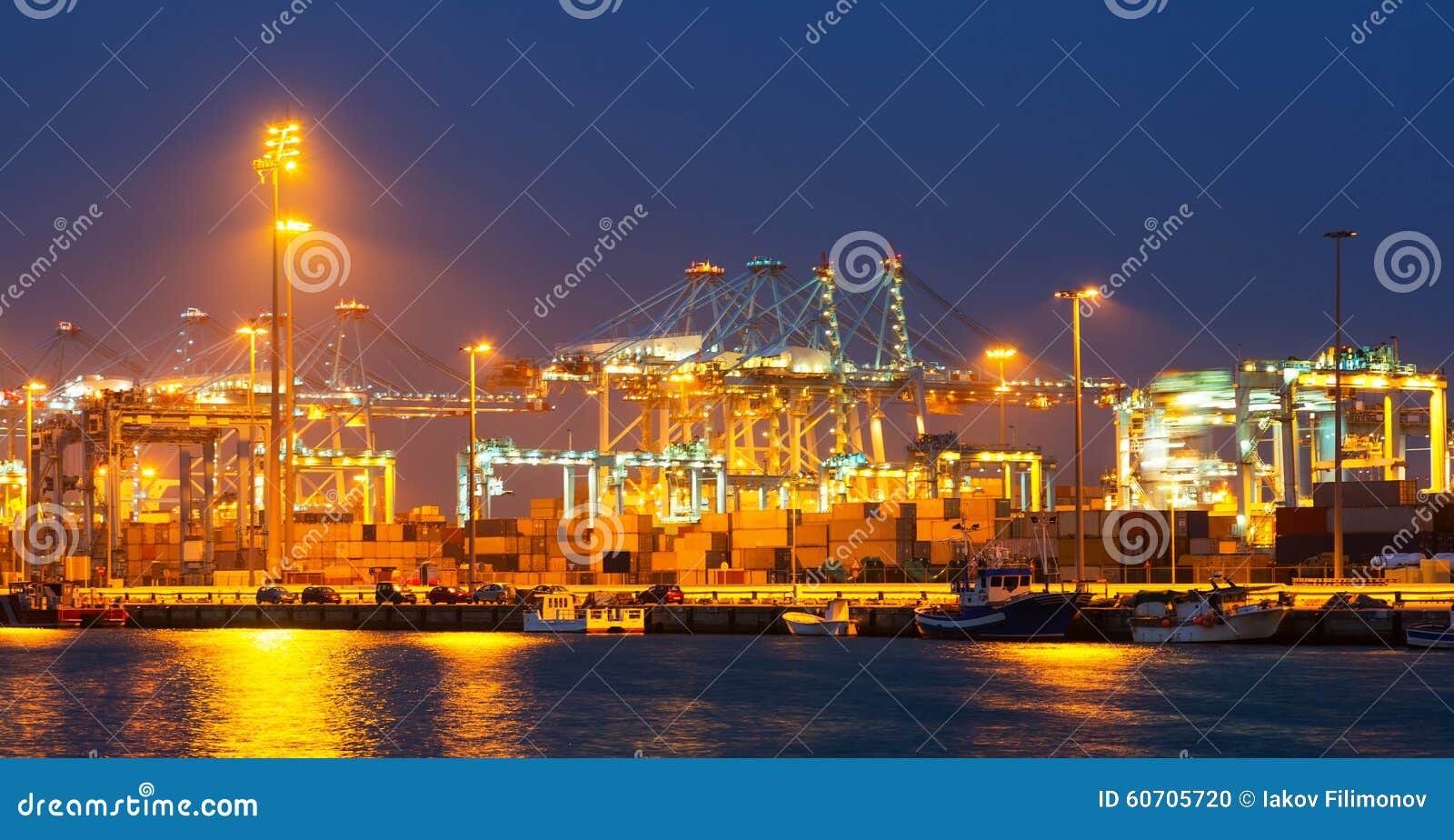 Night View of Cranes and Containers in Port. Stock Photo - Image of ...