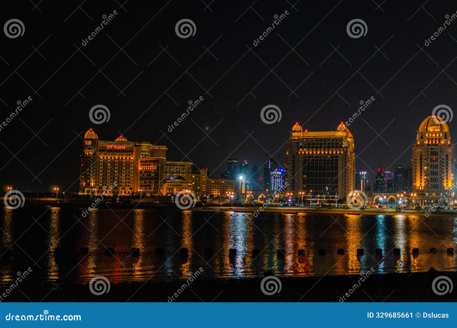 Night View of Doha Corniche from Qatara Stock Image - Image of skyline ...