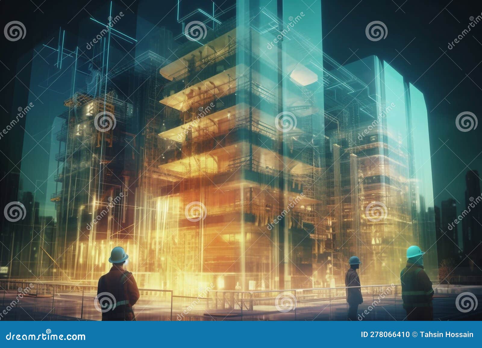 Night View Double Exposure Concept of Building Engineers Using Modern ...